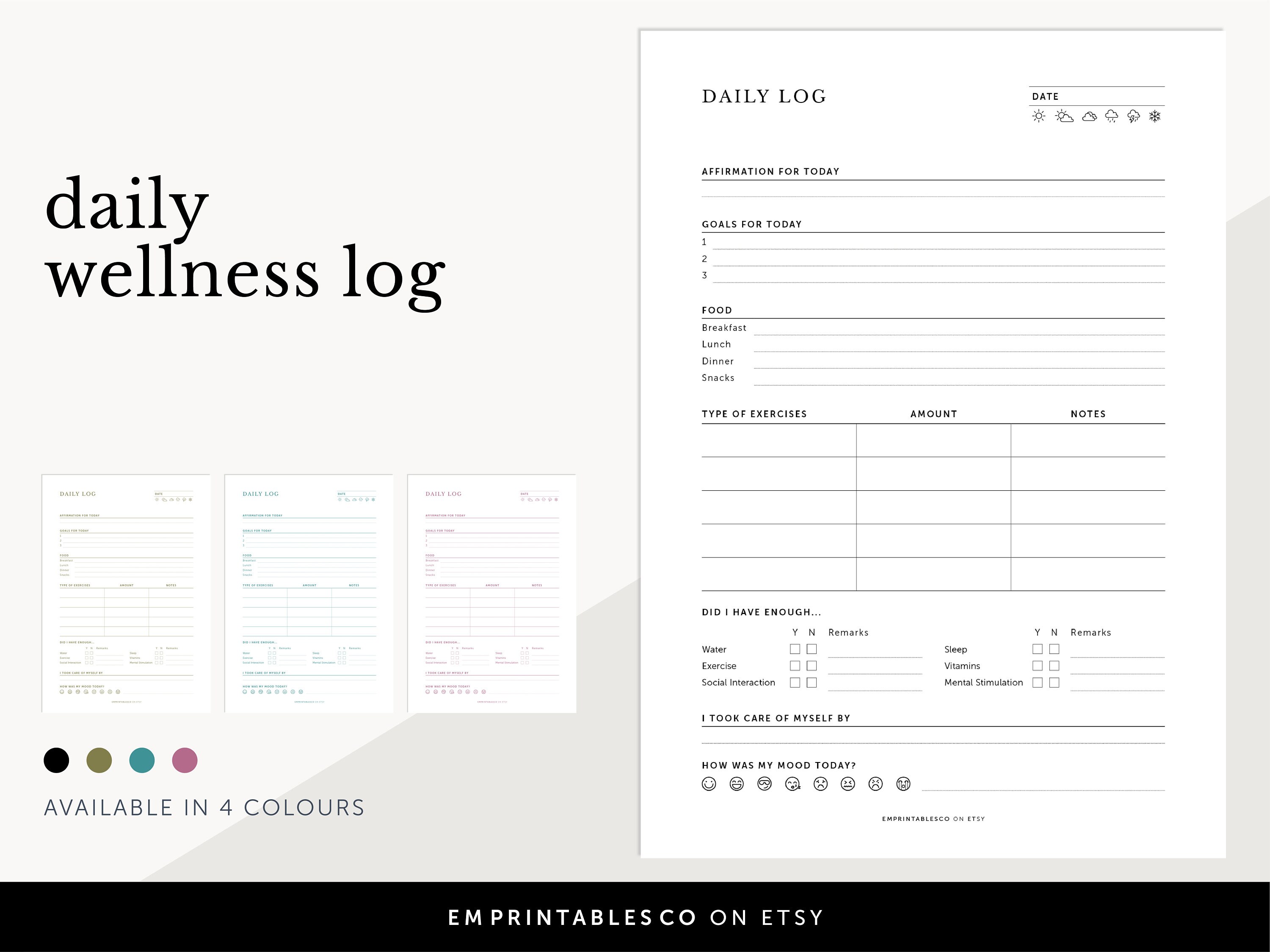 Daily Wellness Log, Daily Food and Exercise Journal, Daily Health ...