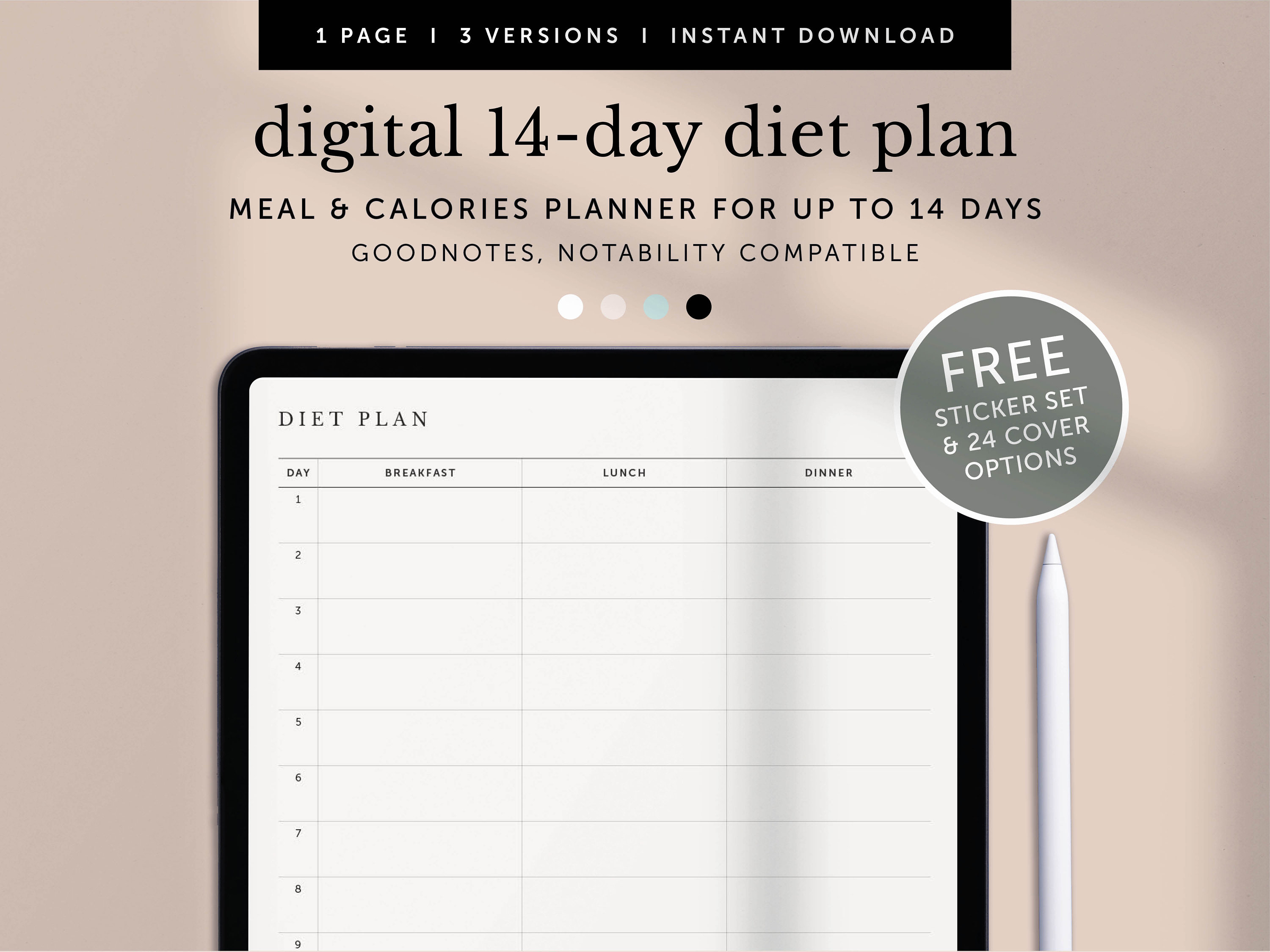 Digital 14 Day Diet Plan, Meal Planner With Calories Tracker, 1-page ...