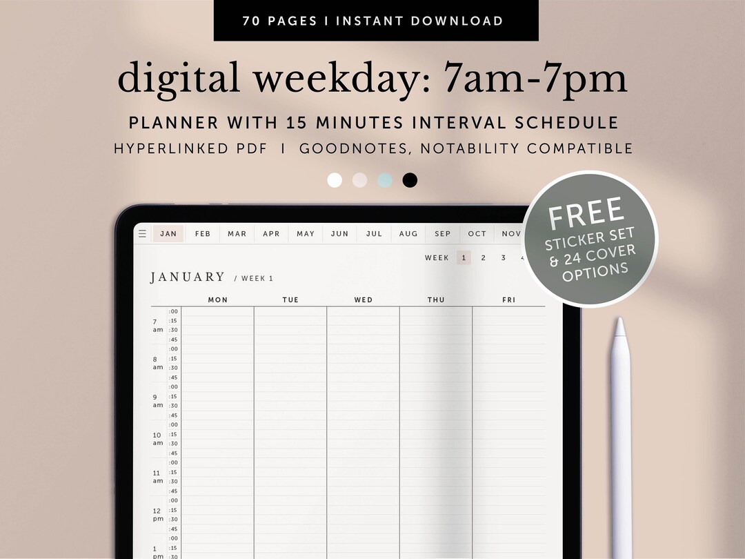 Digital Weekday Planner, 7am - 7pm, Weekday Schedule With 15 Minutes ...