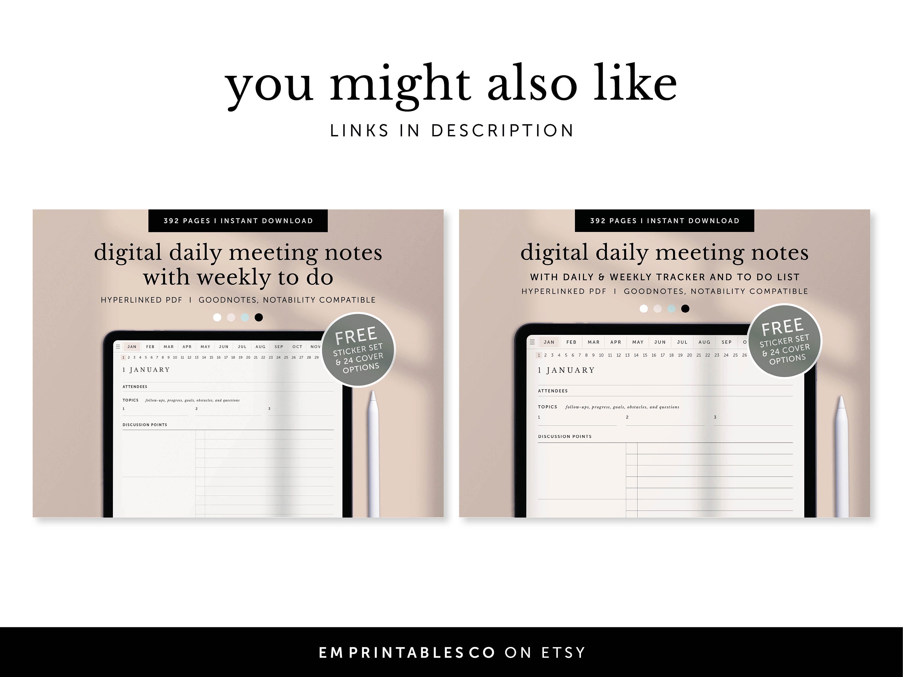 Digital Daily Meeting Notes Template, Digital Monthly Dashboard, Weekly ...