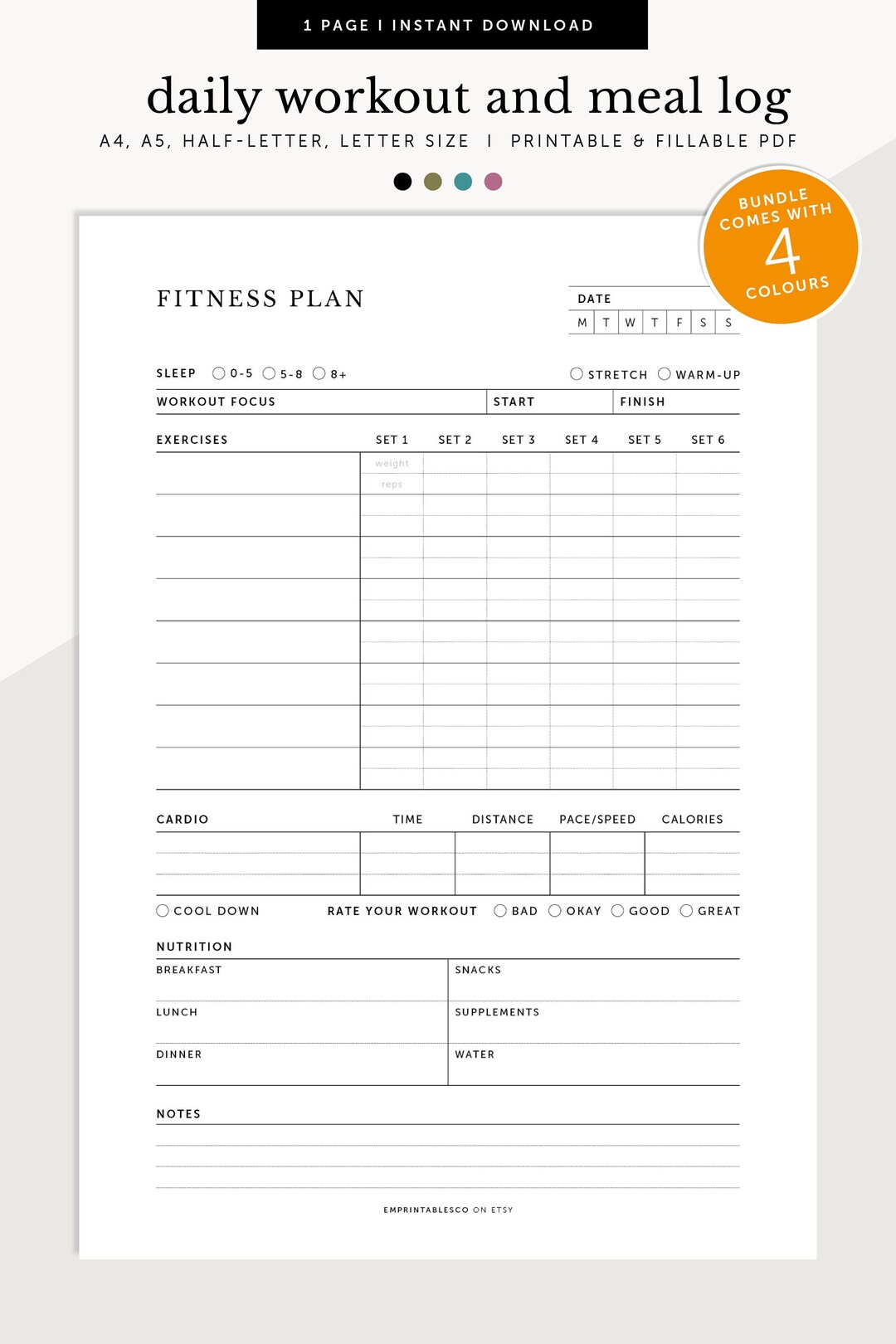 Daily Fitness and Meal Log, Workout Planner, Fitness Tracker, Exercise ...