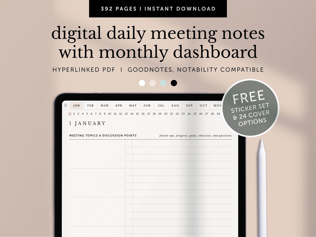 Digital Daily Meeting Notes Template, Digital Monthly Dashboard, Weekly ...