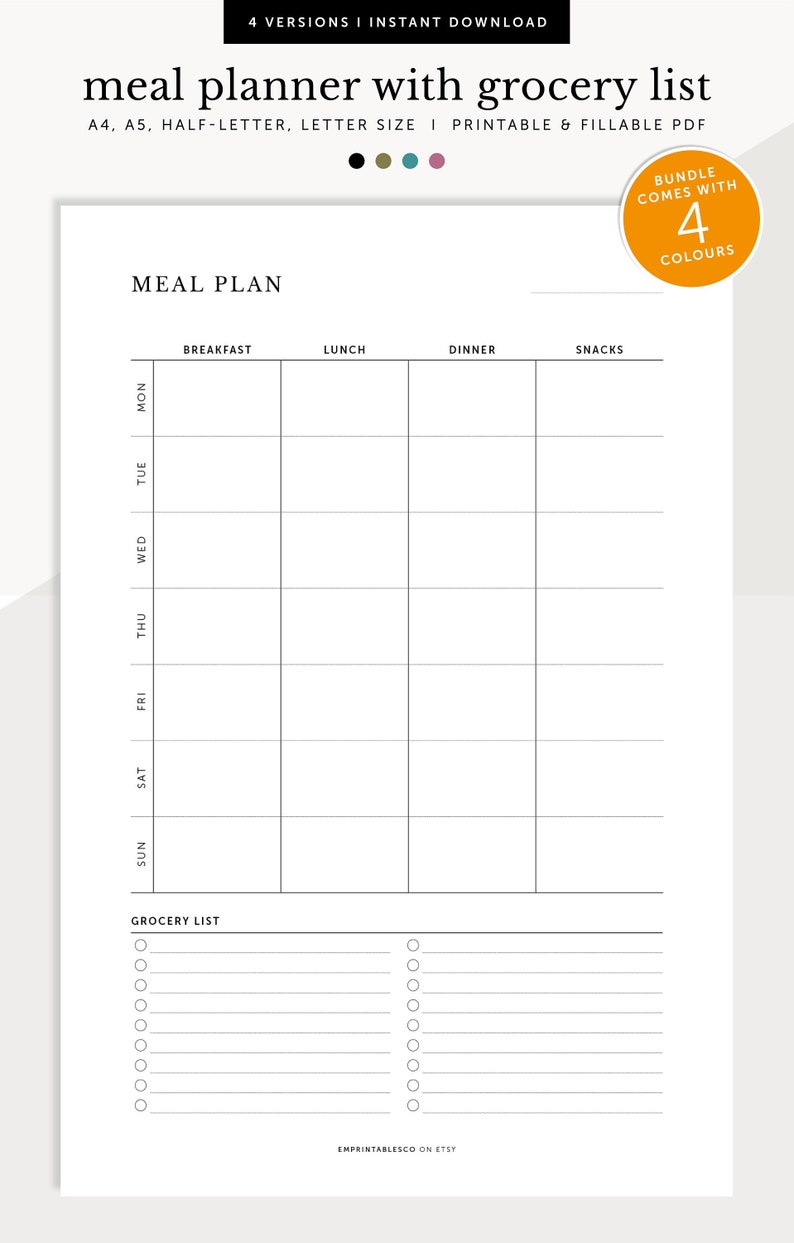 Weekly Meal Planner, Meal Prep Planner, Grocery List, Food Schedule ...