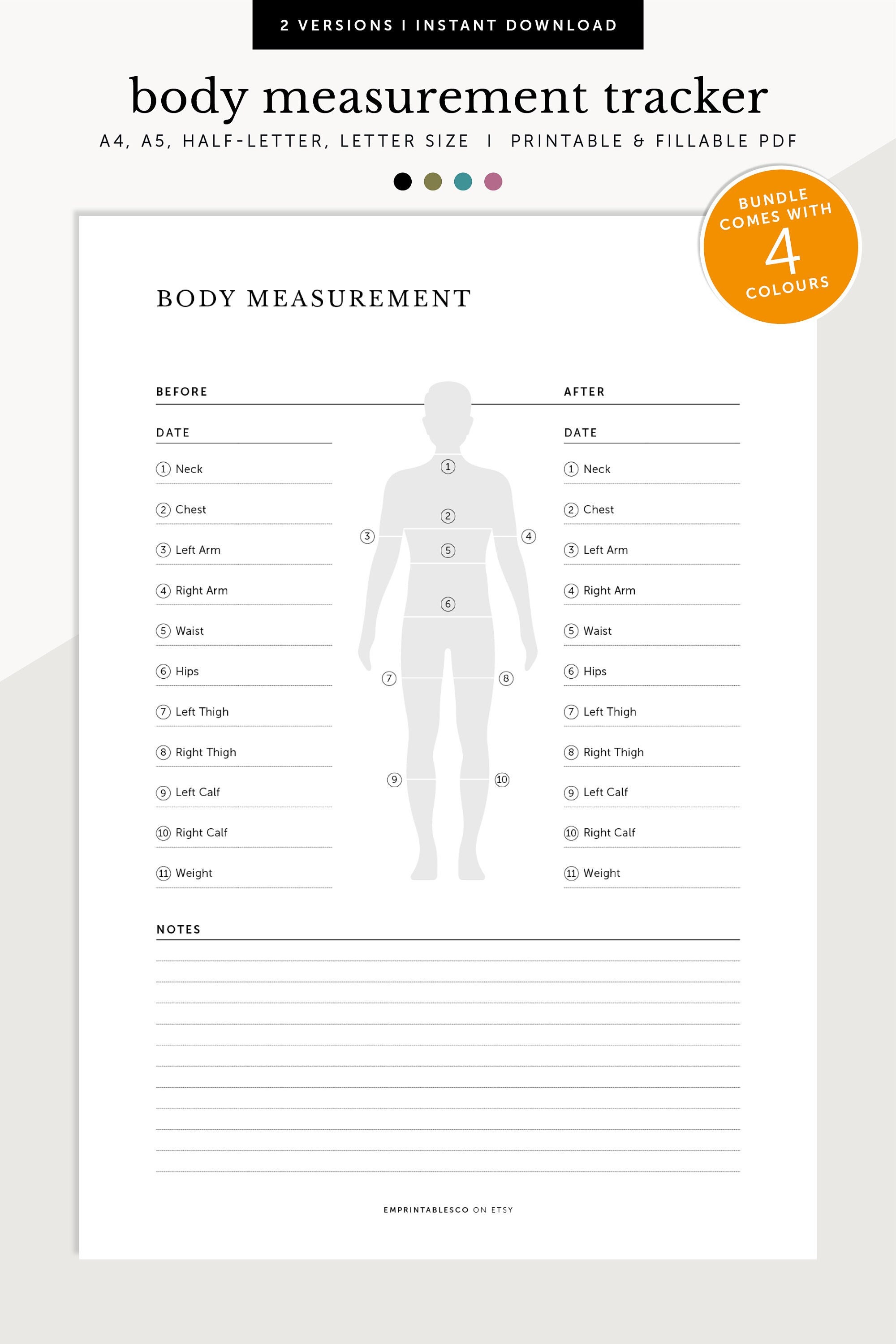 Body Measurement Tracker, Printable Measurement Log, Weight Tracker ...