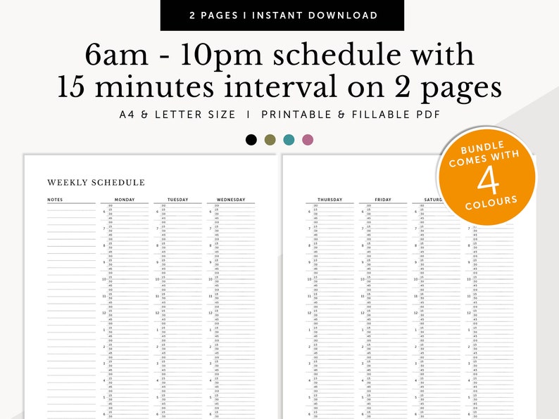 6am - 10pm Hourly Schedule With 15 Minutes Interval on 2 Pages ...