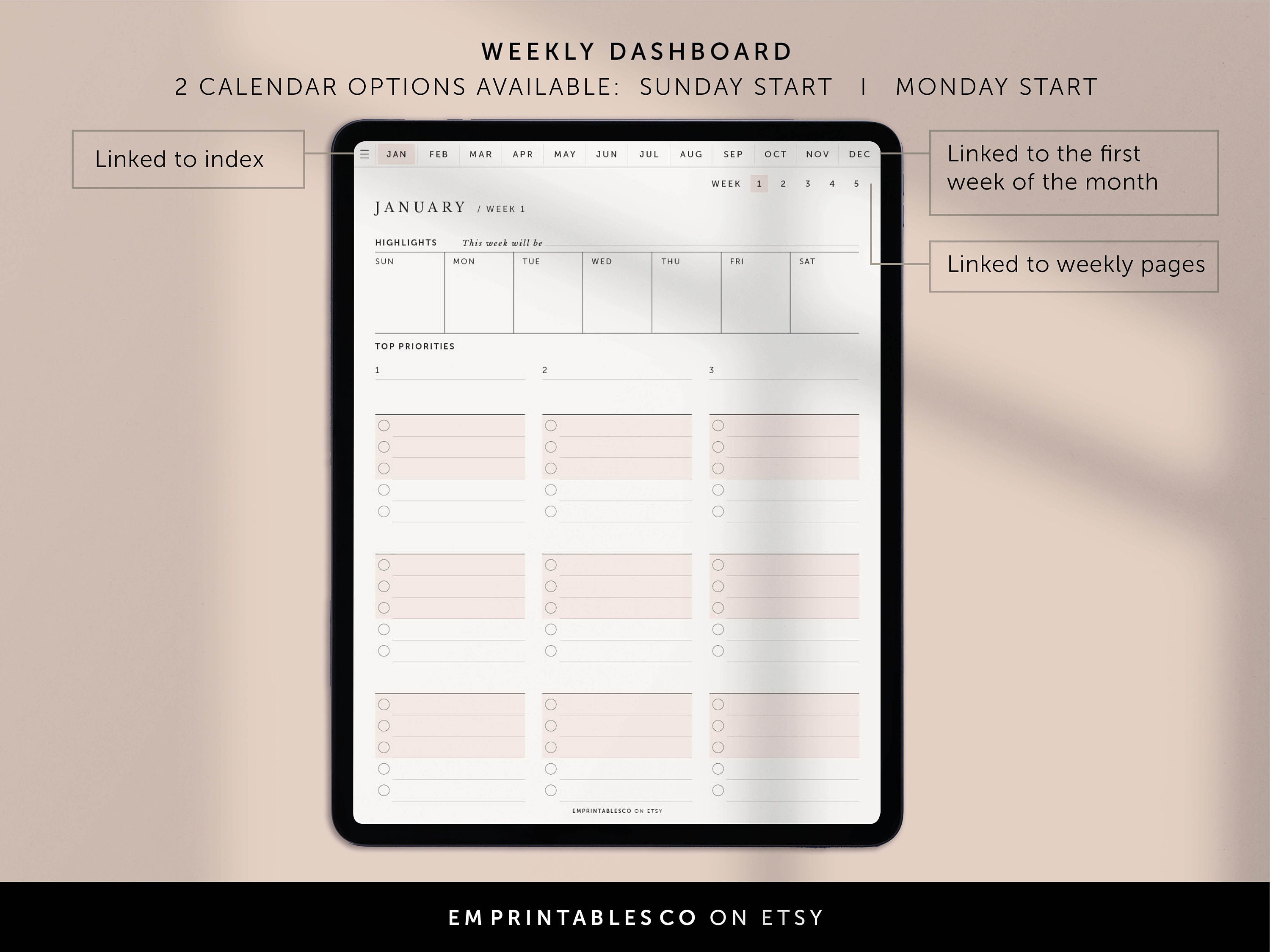 Digital Weekly Dashboard With 9 Focus Area Checklist, Weekly to Do ...