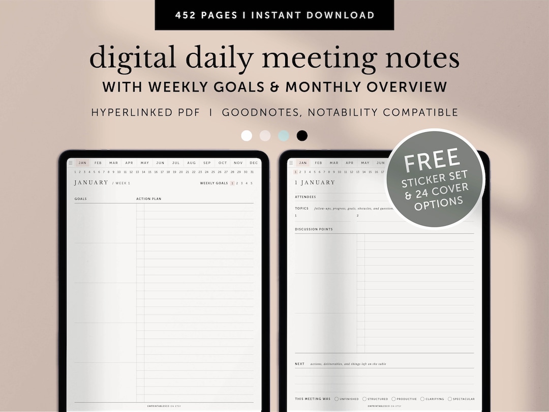 Digital Daily Meeting Notes Template With Weekly Goal & Monthly ...