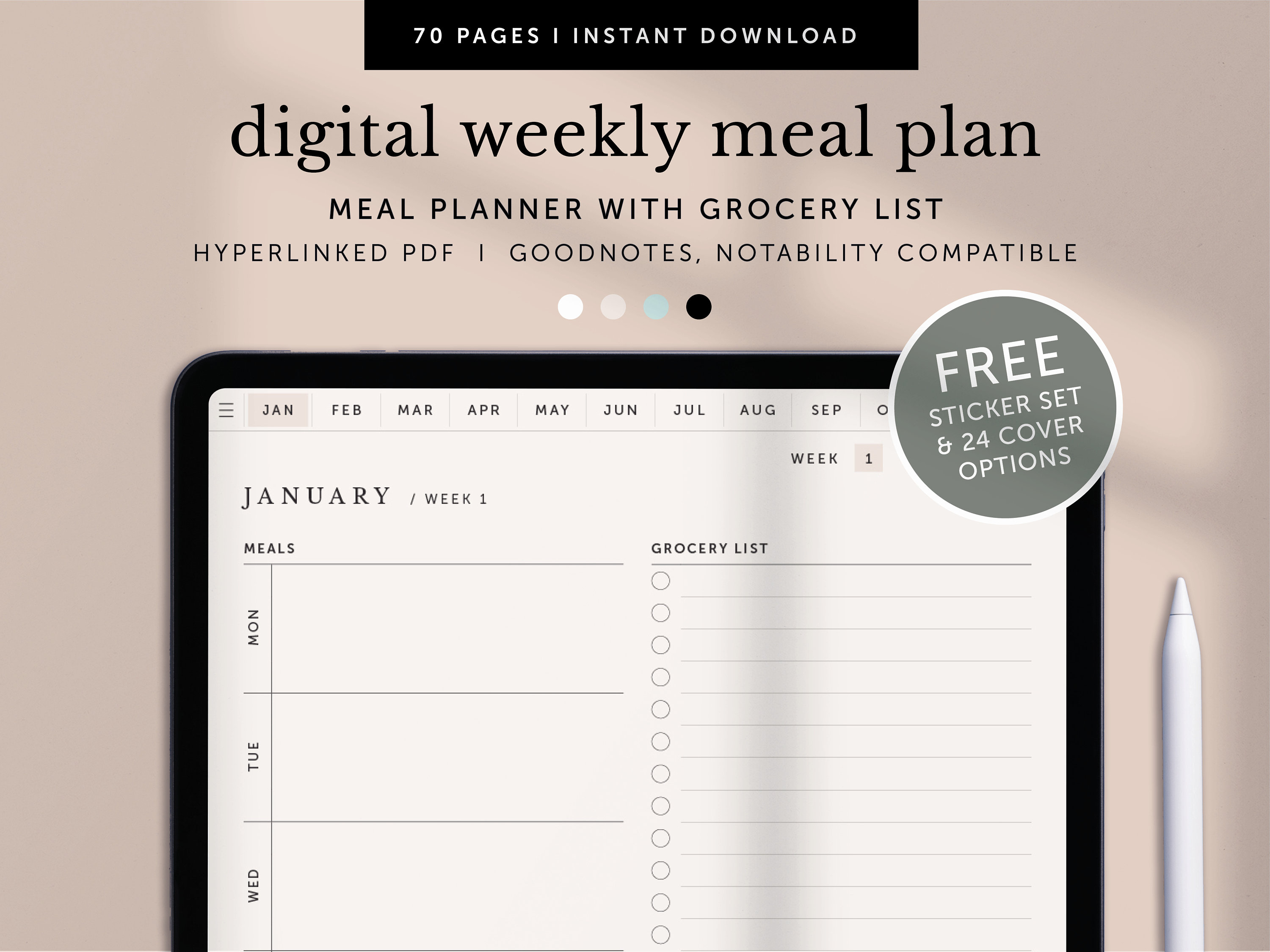 Digital Meal Planner With Grocery List, Goodnotes Weekly Meal Planner ...