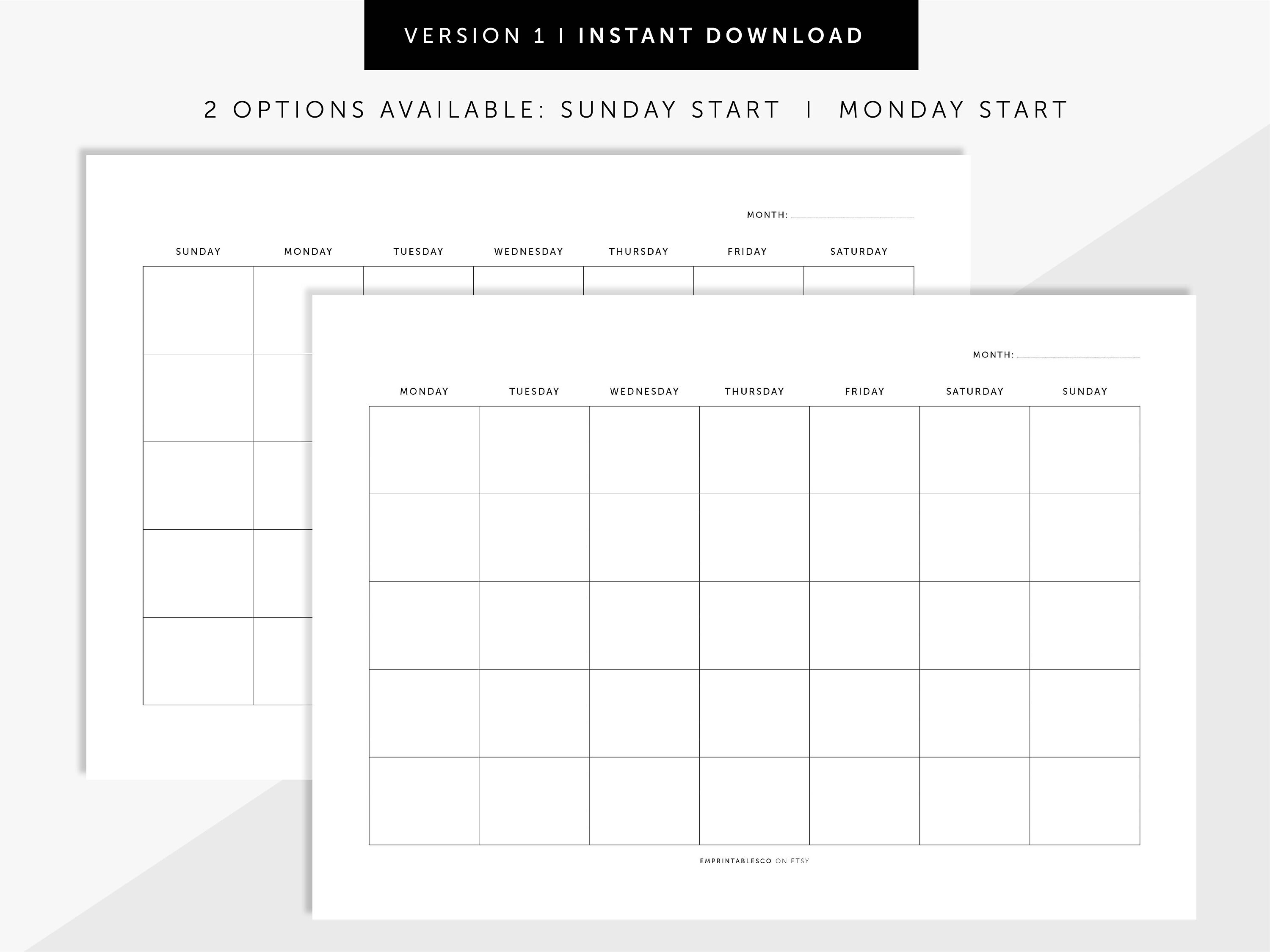 Undated Monthly Calendar, Desk Calendar, Wall Calendar, Fillable ...