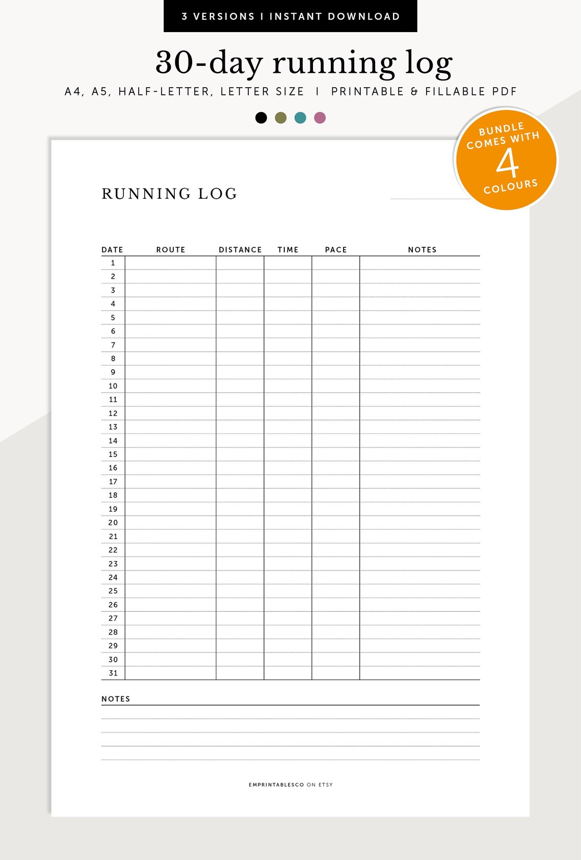 30 Day Running Log, Monthly Running Log, Running Journal, Monthly Run ...