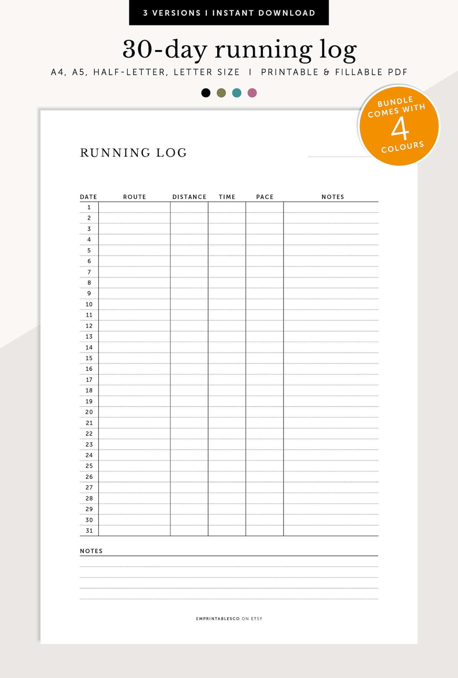 30 Day Running Log, Monthly Running Log, Running Journal, Monthly Run ...