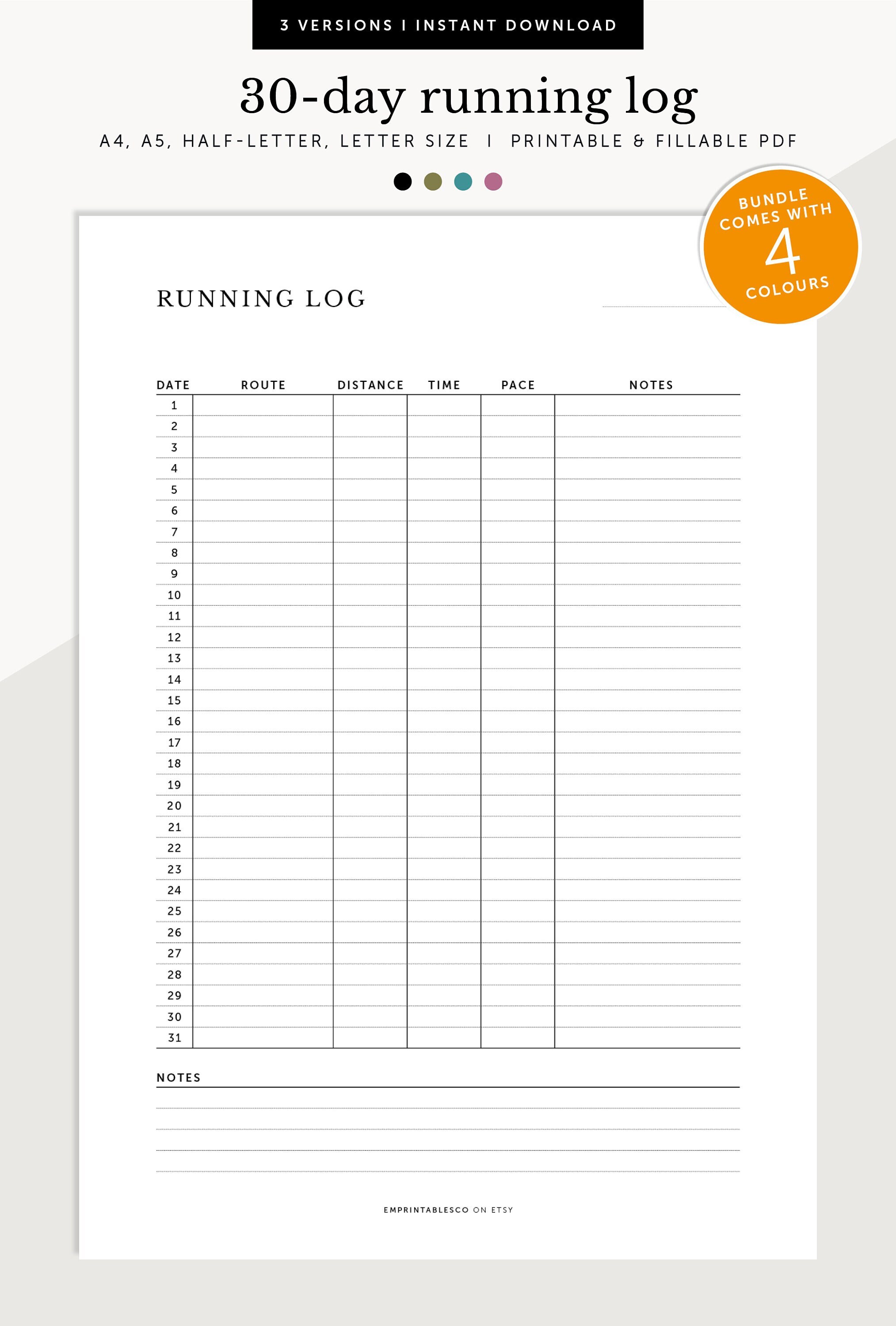 30 Day Running Log, Monthly Running Log, Running Journal, Monthly Run ...
