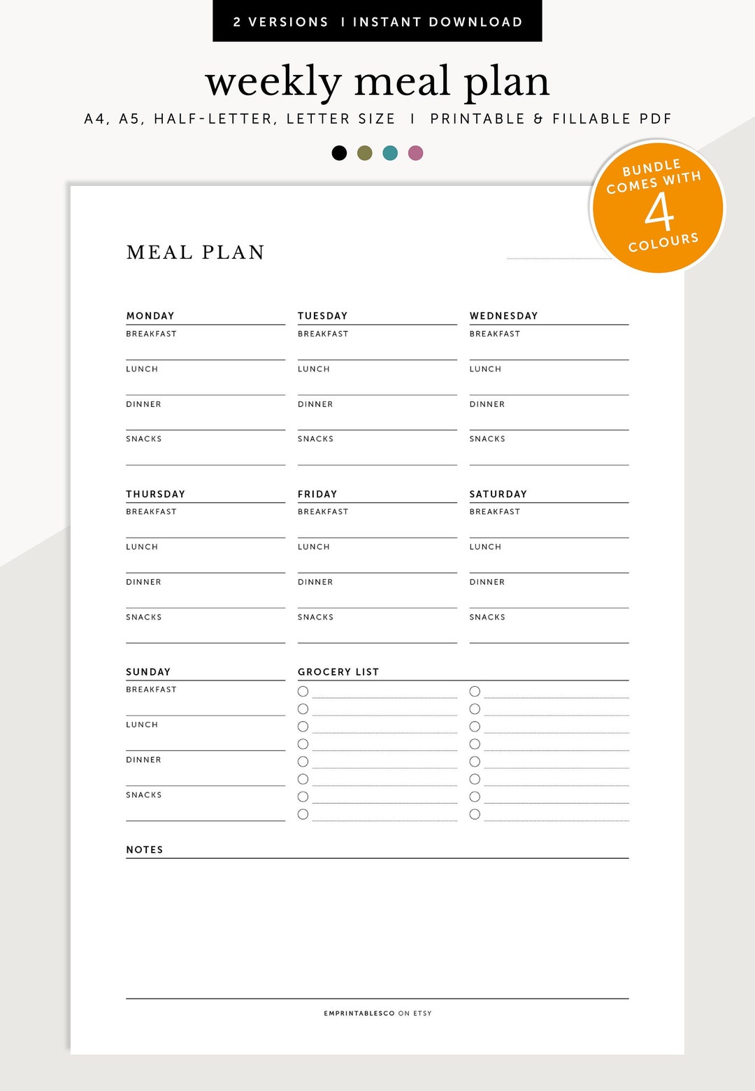 Weekly Meal Planner, Grocery List, Grocery Shopping List, Weekly Food ...