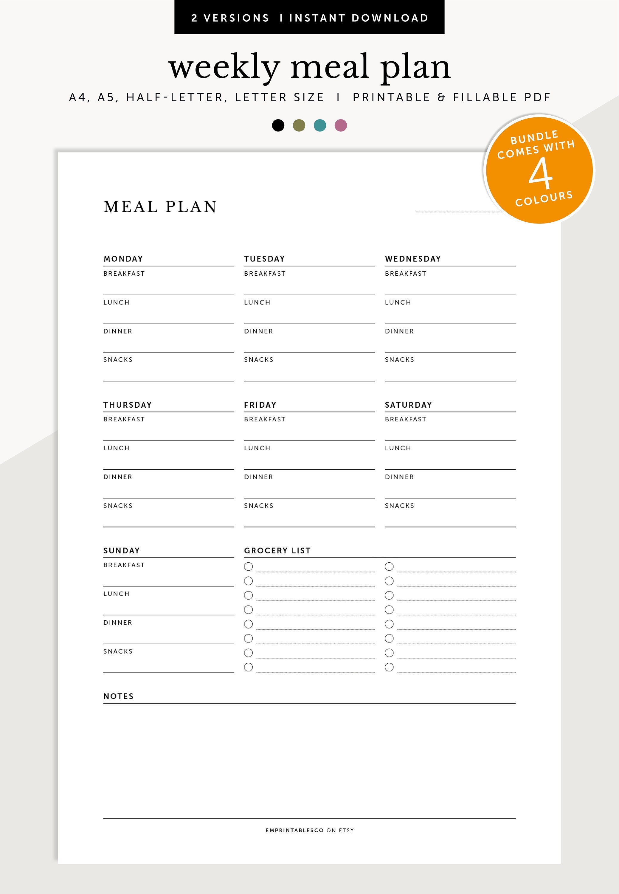 Weekly Meal Planner, Grocery List, Grocery Shopping List, Weekly Food ...