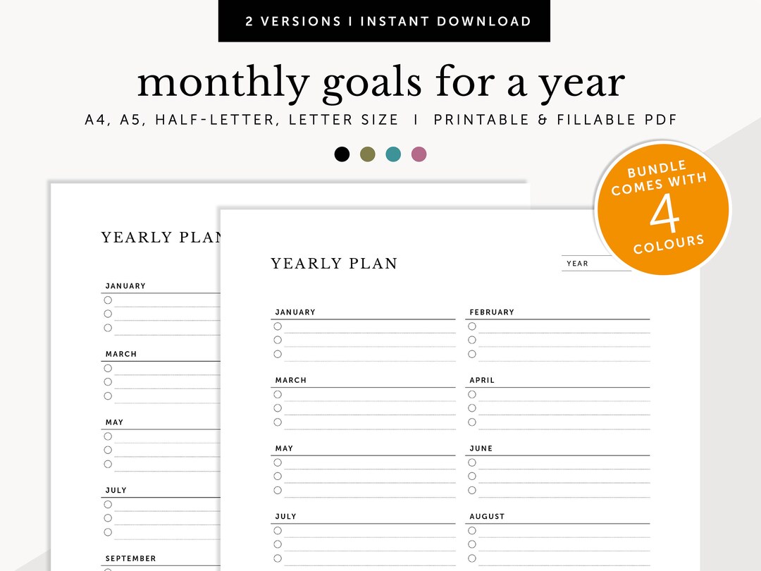 Monthly Goals for a Year, Yearly Goals, Yearly to Do, 12 Month Goals ...