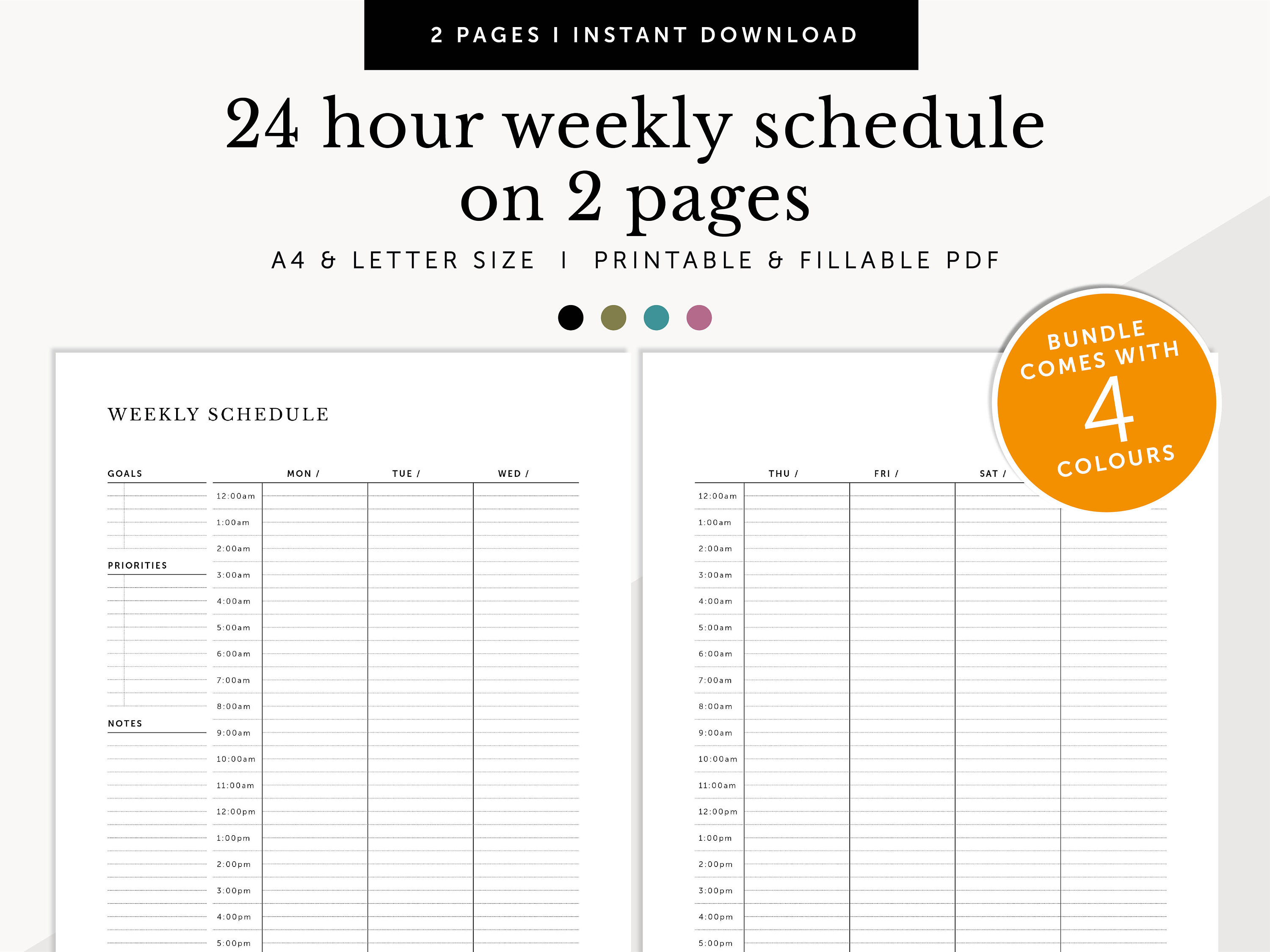 2 Pages Hourly Weekly Schedule, Meetings Tracker, Weekly Priorities, to ...
