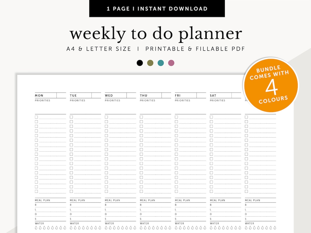 Weekly to Do Planner, Weekly Meal Planner, Week in a Glance, Weekly ...