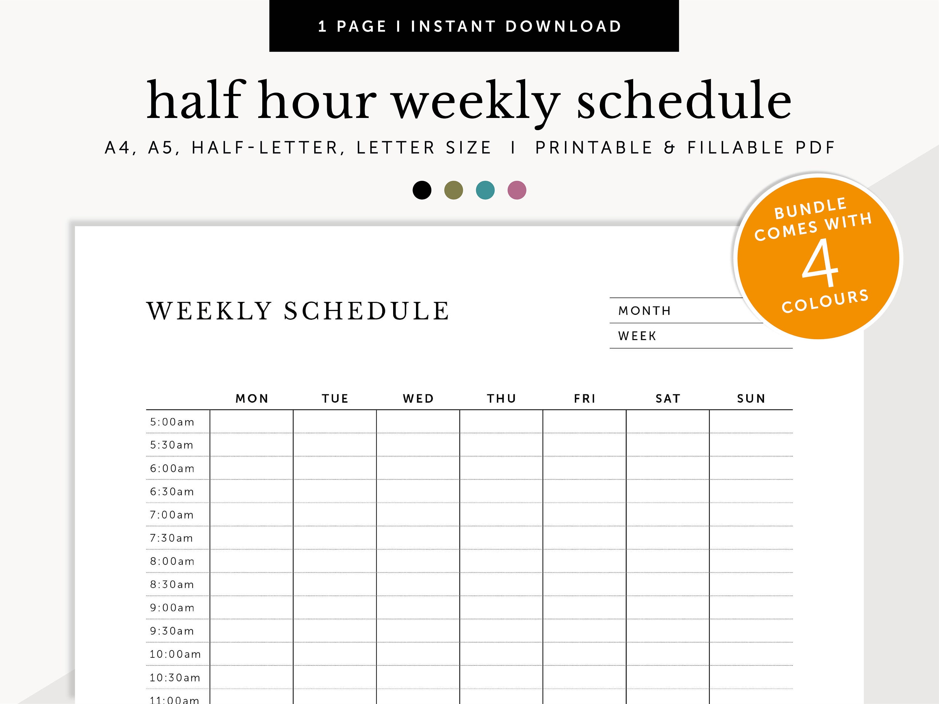 Half Hour Weekly Schedule, Weekly Planner, Weekly Agenda, Weekly ...