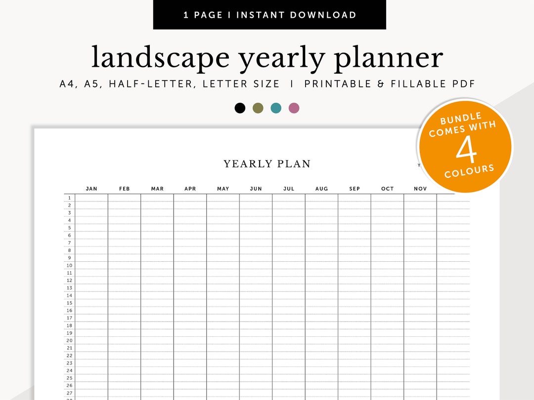 Yearly Planner on 1 Page, Yearly Checklist, Yearly Tracker, Printable ...