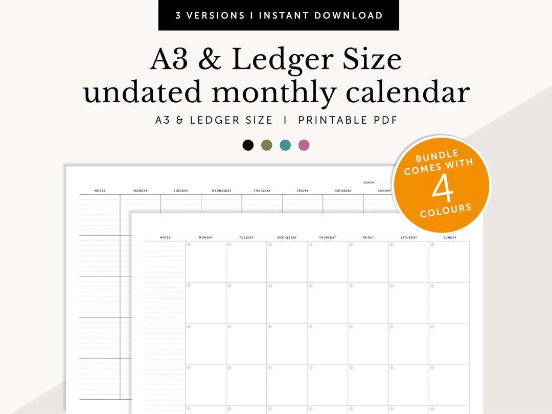A3 Undated Monthly Calendar, Ledger Monthly Planner, Work & School ...