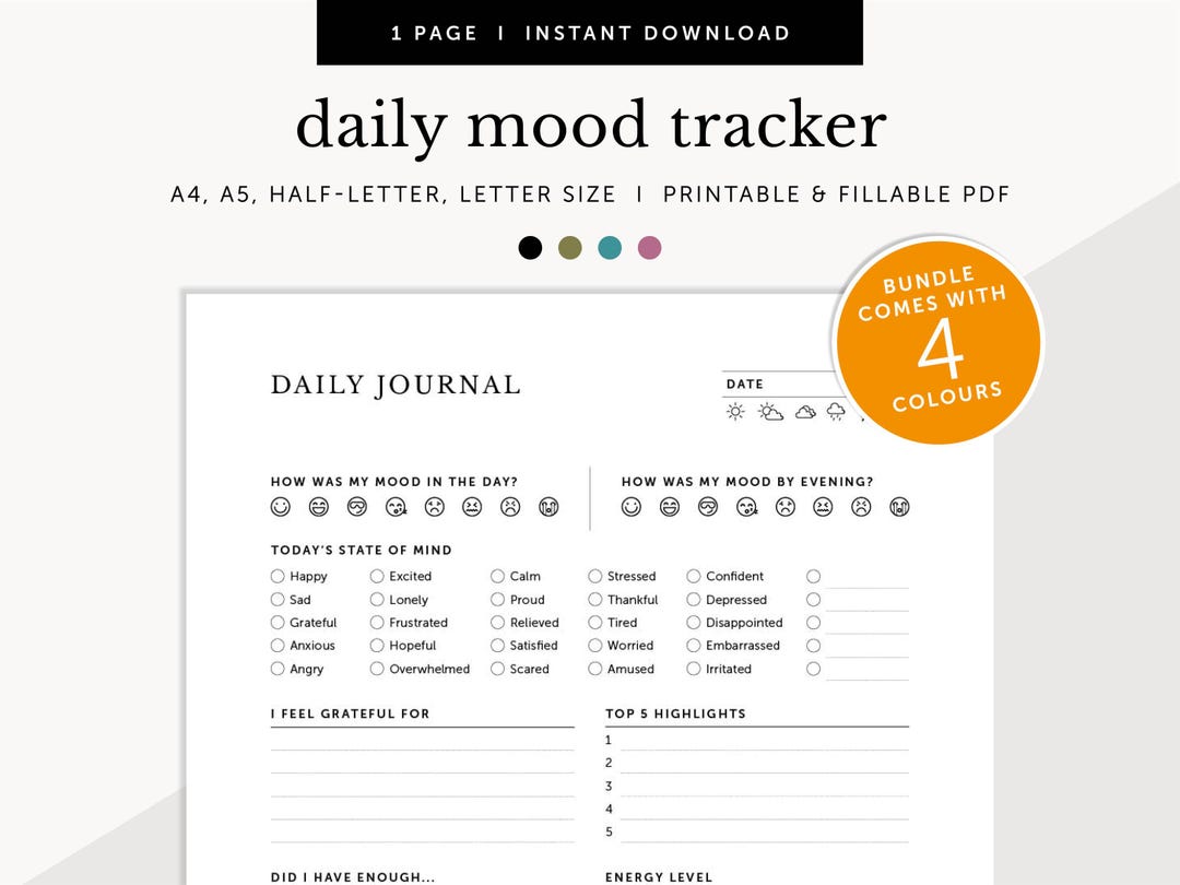 Daily Mood Tracker, Mental Health Journal, Mental Wellness Planner ...