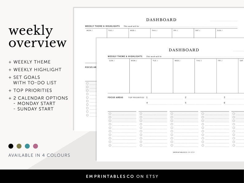 Weekly Dashboard, Project Overview, Productivity Planner, Weekly Agenda ...