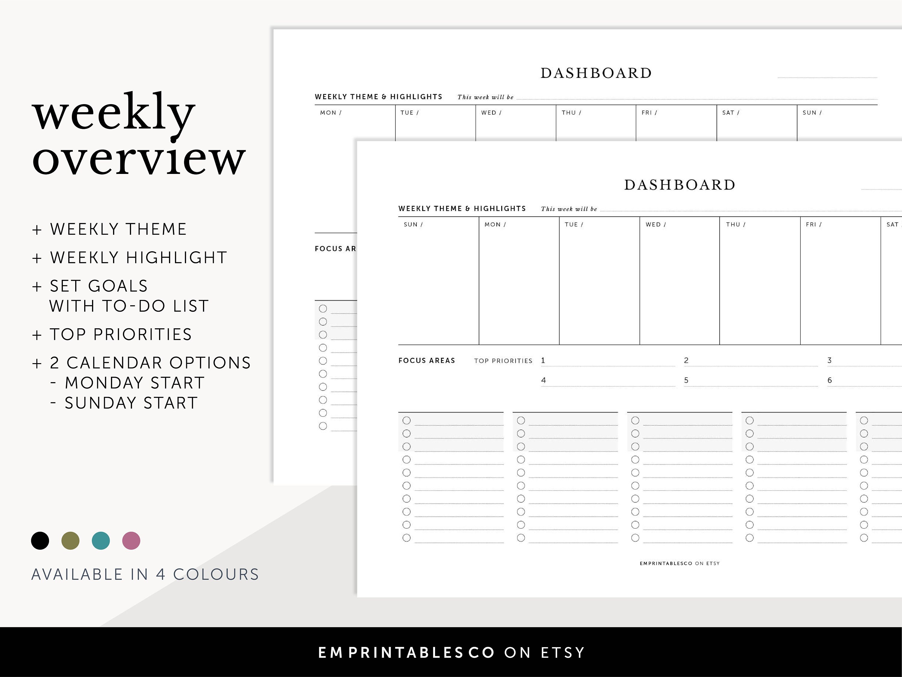 Weekly Dashboard, Project Overview, Productivity Planner, Weekly Agenda ...
