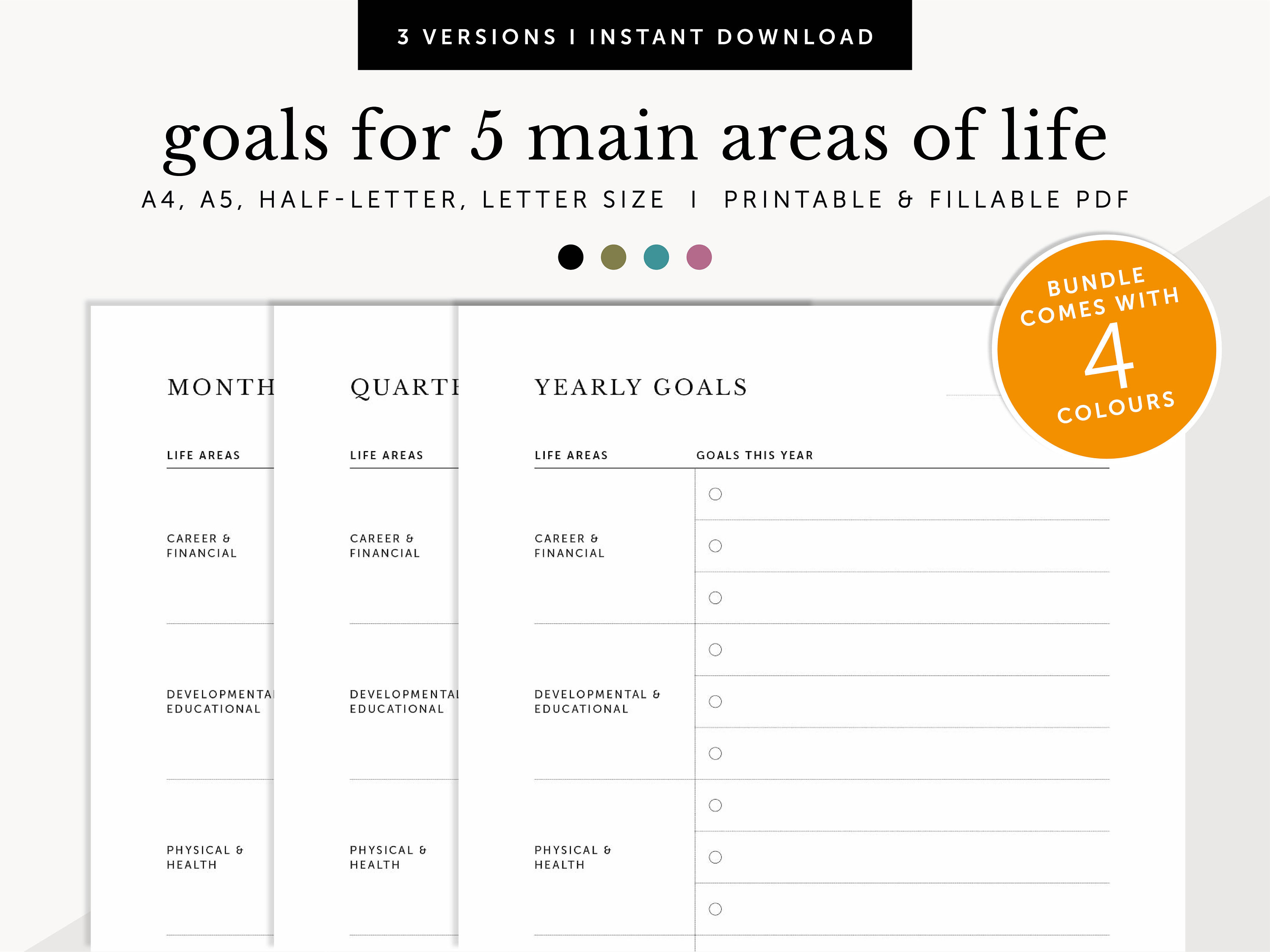 Goals for 5 Main Areas of Life, Yearly Goals, Quarterly Goals, Monthly ...
