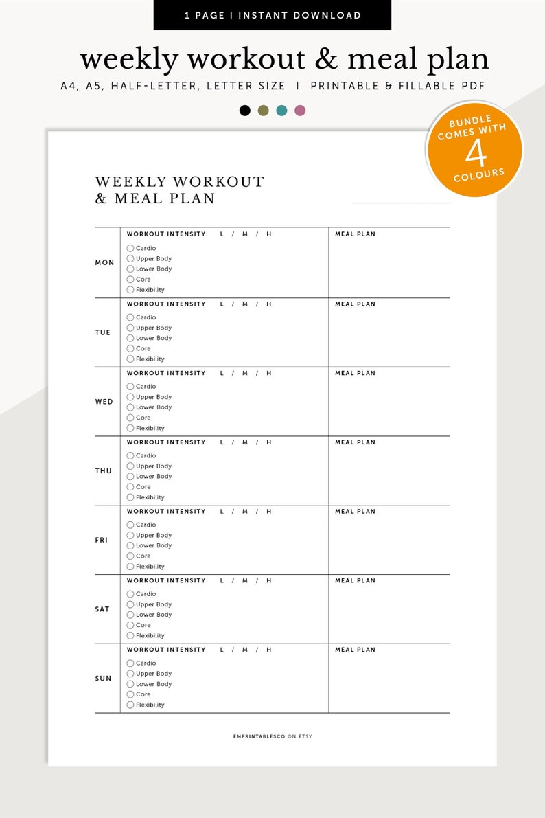 Weekly Workout and Meal Planner, Weekly Health Planner, Fitness and ...