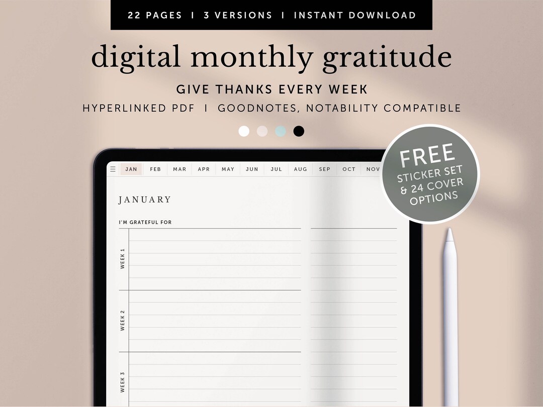 Digital Monthly Gratitude Journal, Weekly Thanksgiving Log, Counting ...