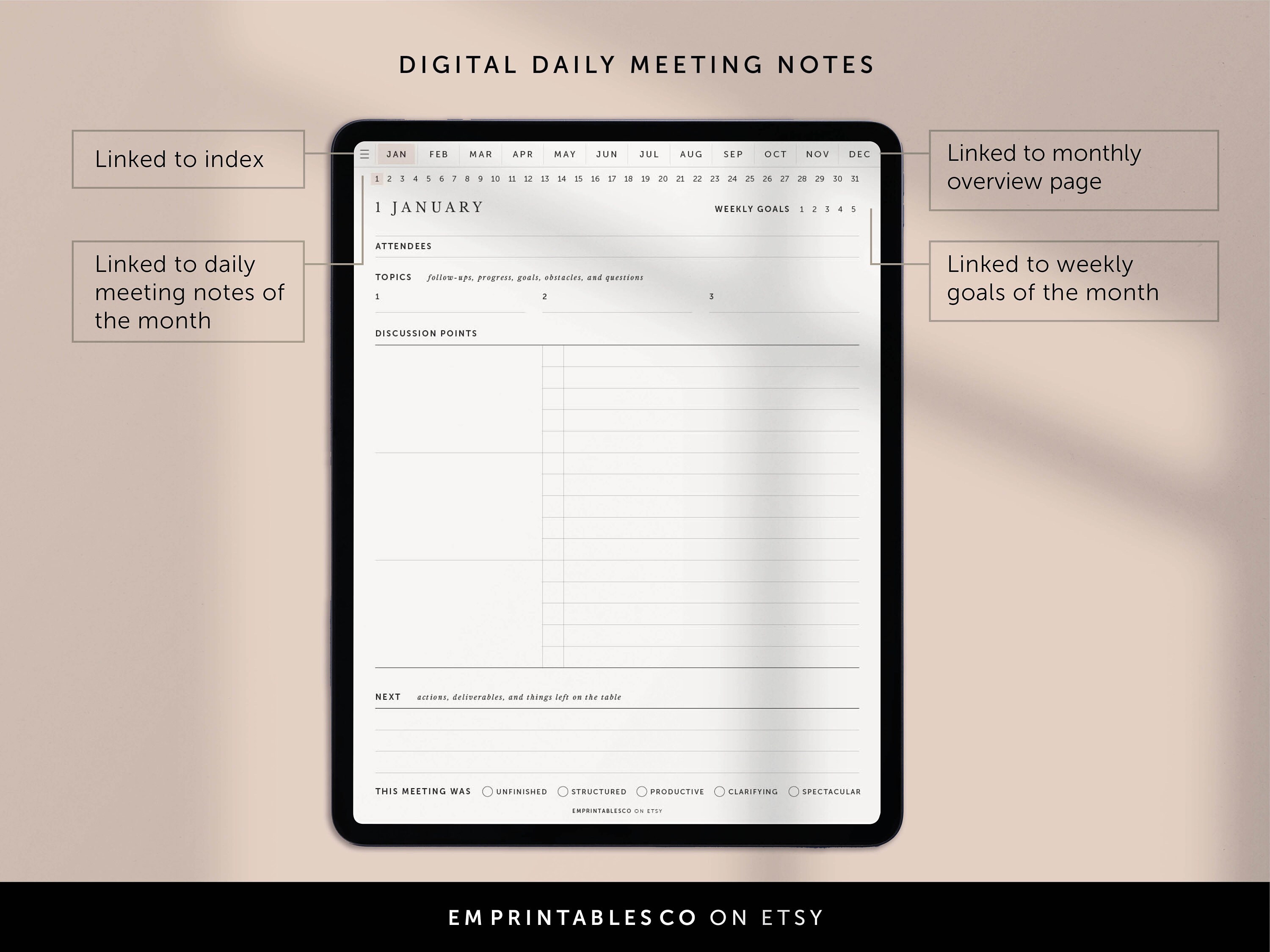 Digital Daily Meeting Notes Template With Weekly Goal & Monthly ...