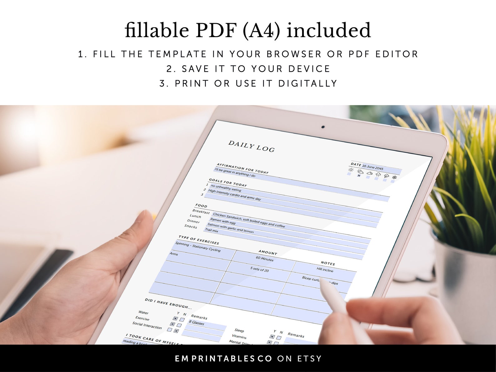 Daily Wellness Log, Daily Food and Exercise Journal, Daily Health ...