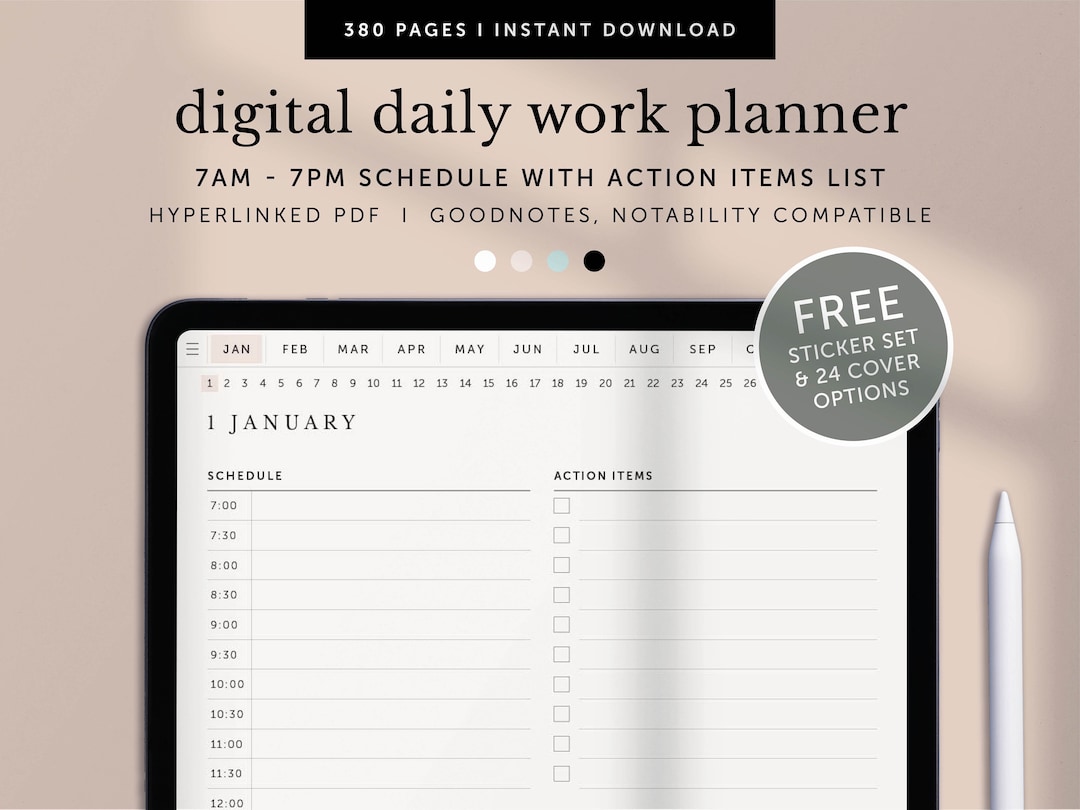 Digital Daily Work Planner, 7am - 7pm Daily Schedule, Action Checklist ...