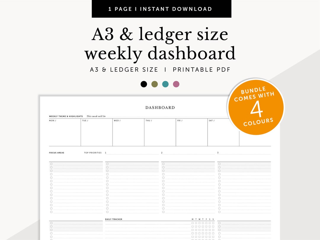A3 Weekly Dashboard, Ledger Weekly Planner, Weekly Productivity, Weekly ...
