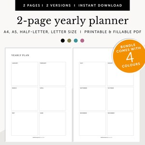 2-page Yearly Planner, Yearly Overview, Yearly Goal, Yearly Monthly ...