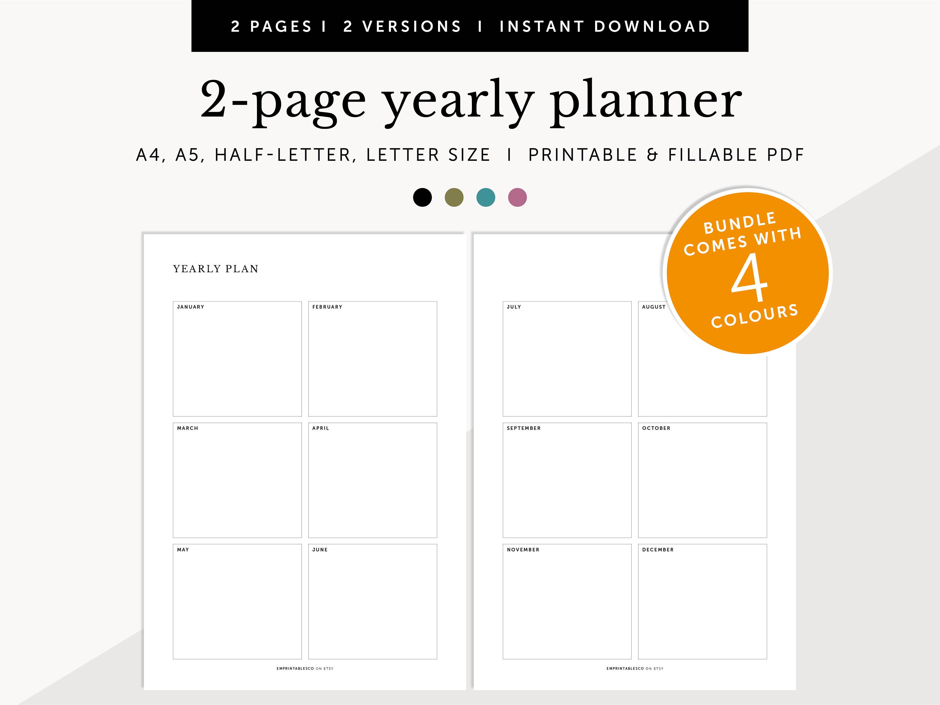 2-page Yearly Planner, Yearly Overview, Yearly Goal, Yearly Monthly ...