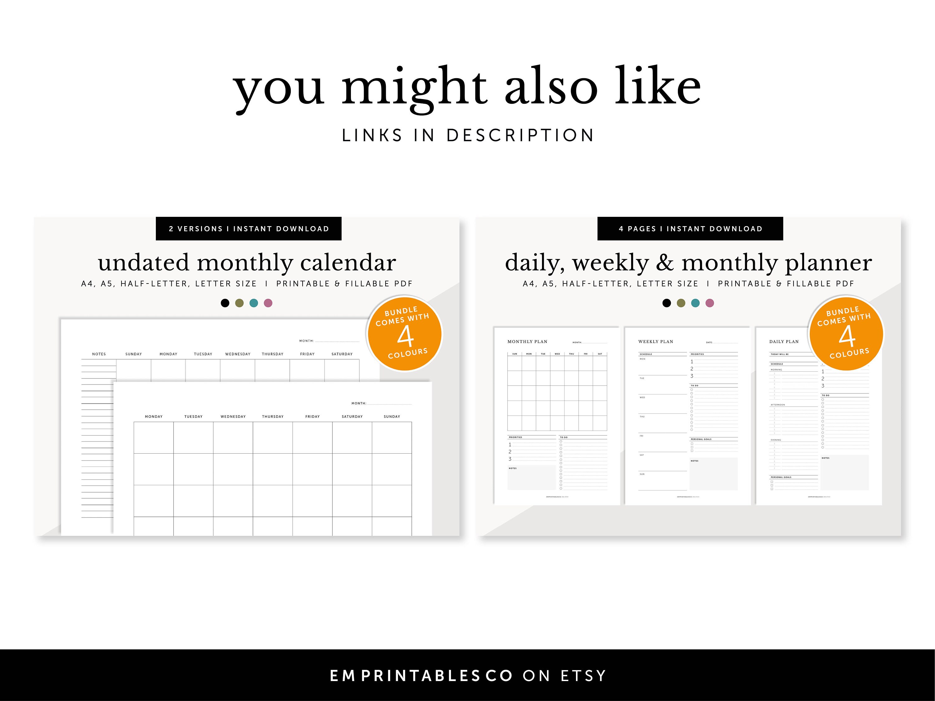 Undated Monthly Calendar on Two Pages, 2 Pages Monthly Planner ...