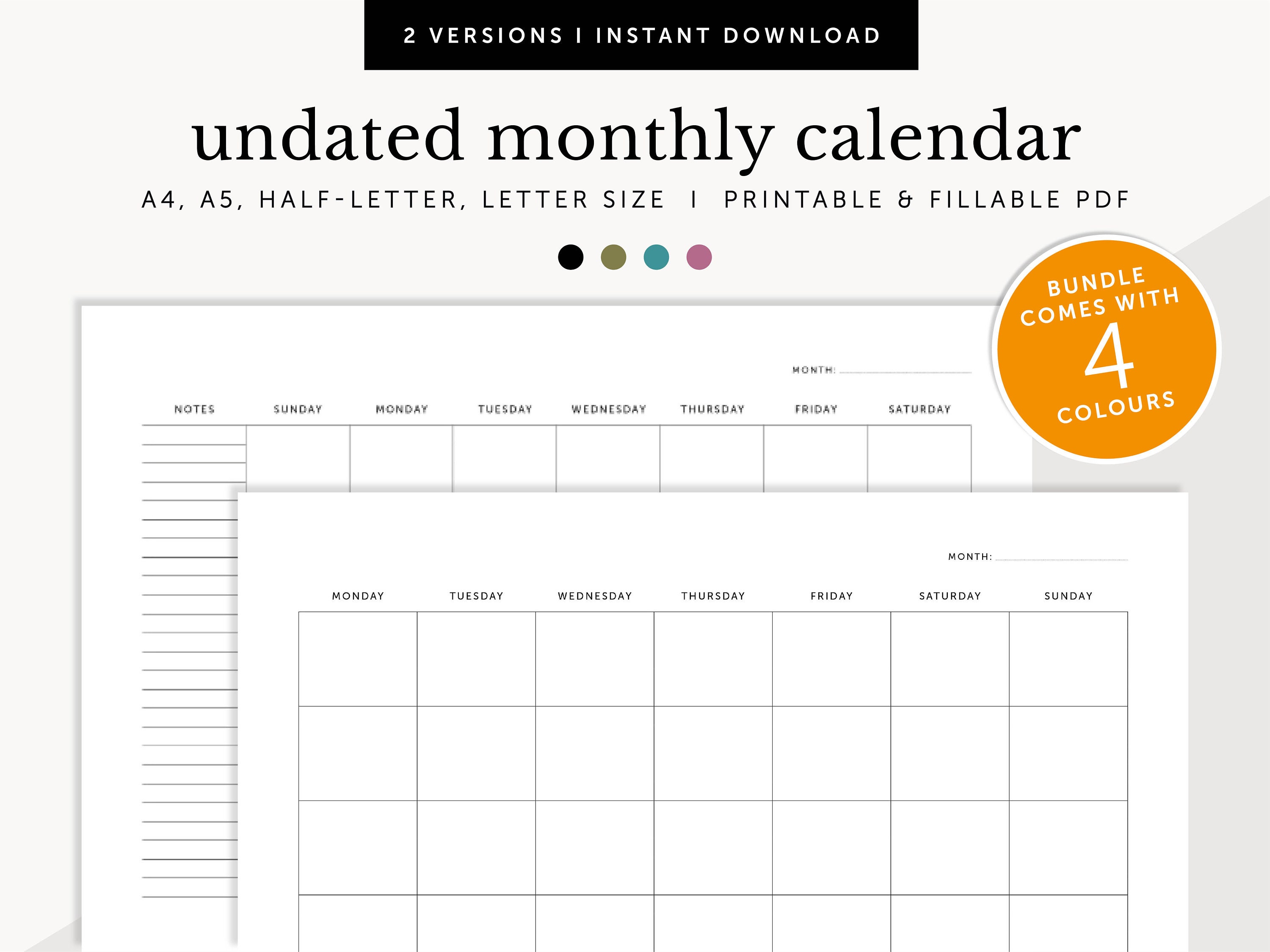 Undated Monthly Calendar, Desk Calendar, Wall Calendar, Fillable ...