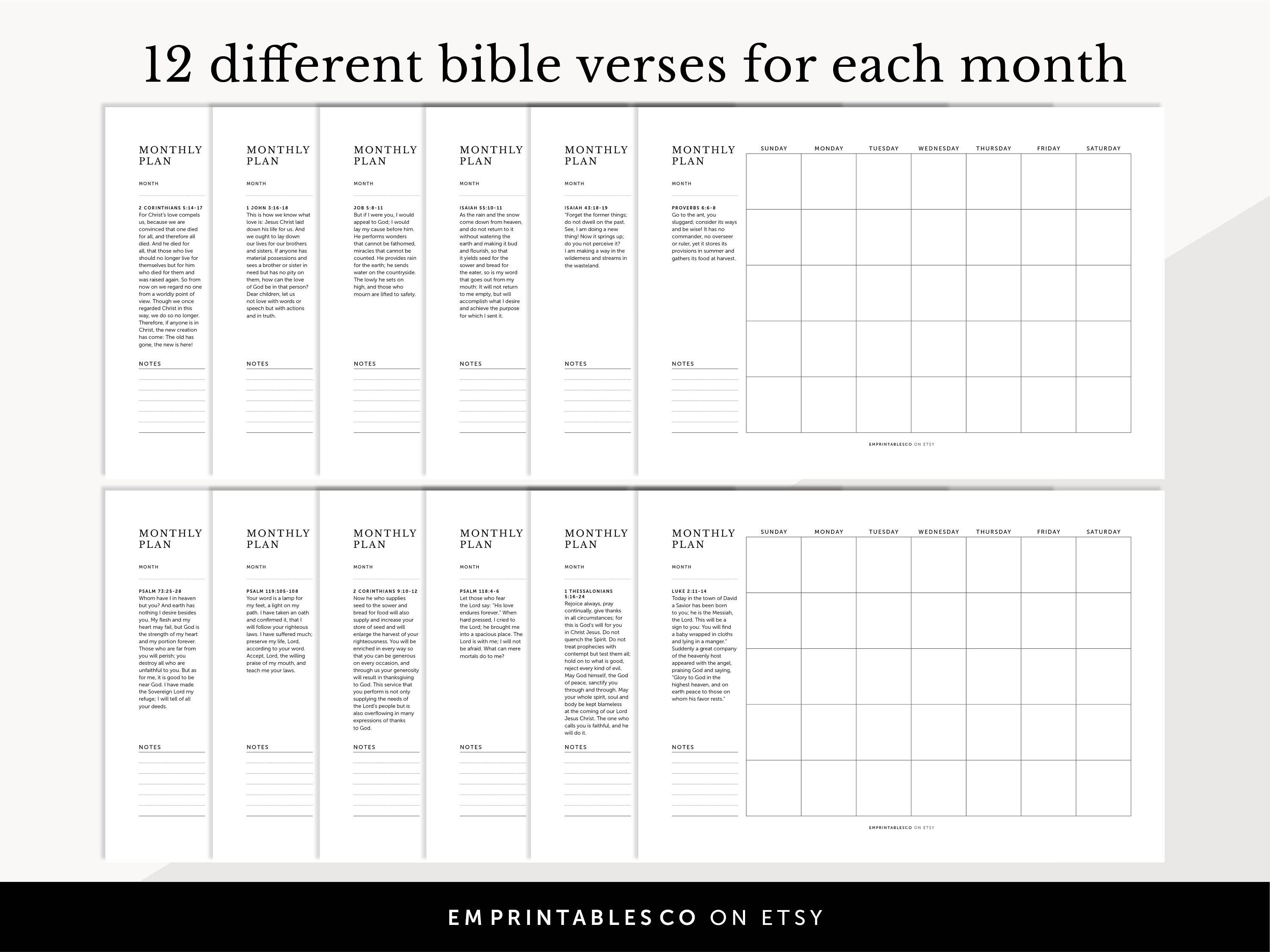 Monthly Calendar With Bible Verses, Monthly Planner, Devotional Journal ...