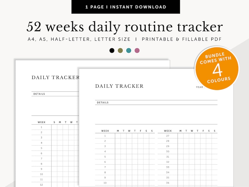 52 Week Daily Tracker, Year Habit Tracker, Routine Checklist, to Do ...