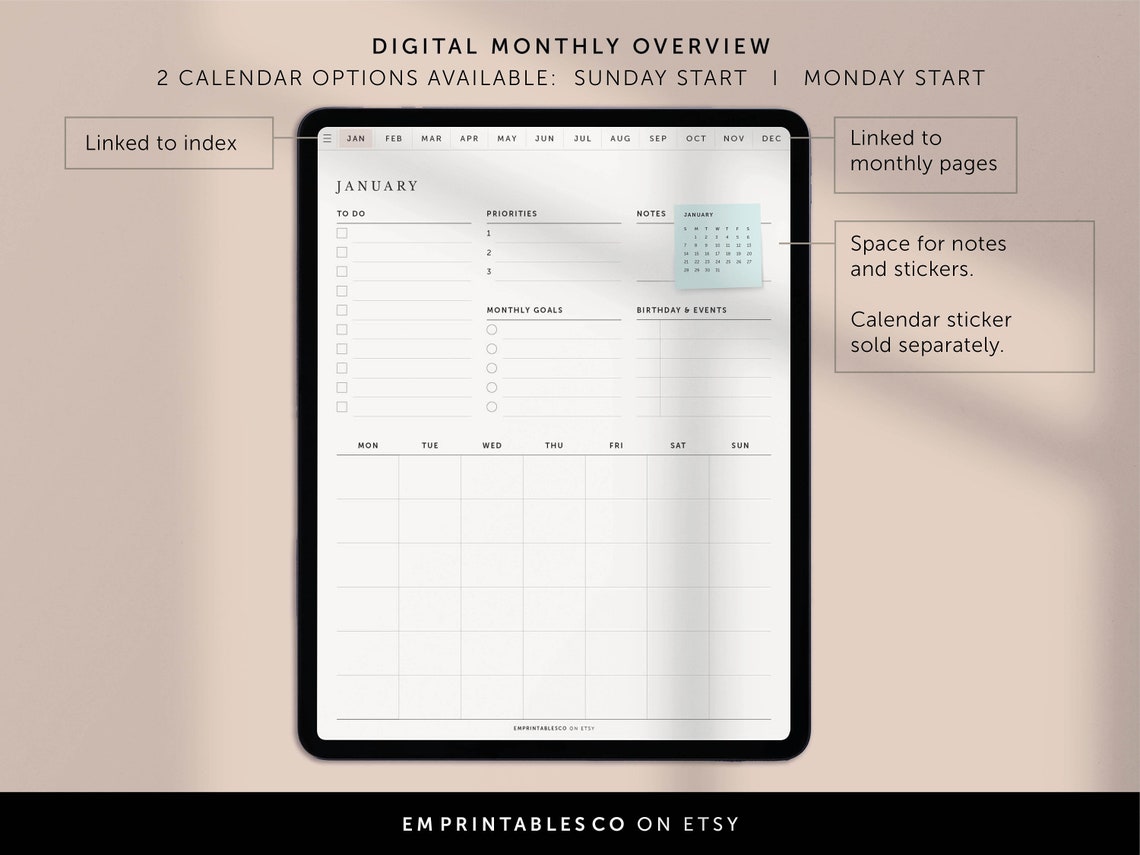 Digital Monthly Overview, Monthly Planner, Monthly Goals & to Do ...