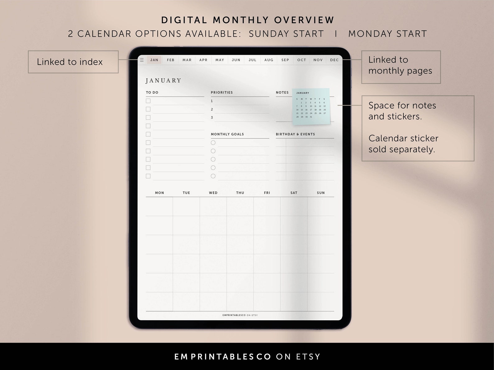 Digital Monthly Overview, Monthly Planner, Monthly Goals & to Do ...