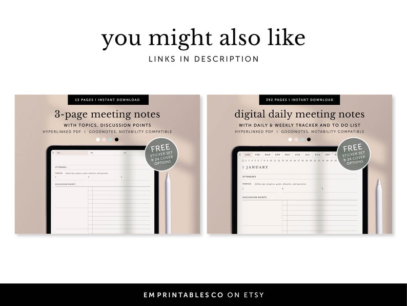 Digital Daily Meeting Notes Template, Digital Weekly to Do, Monthly ...
