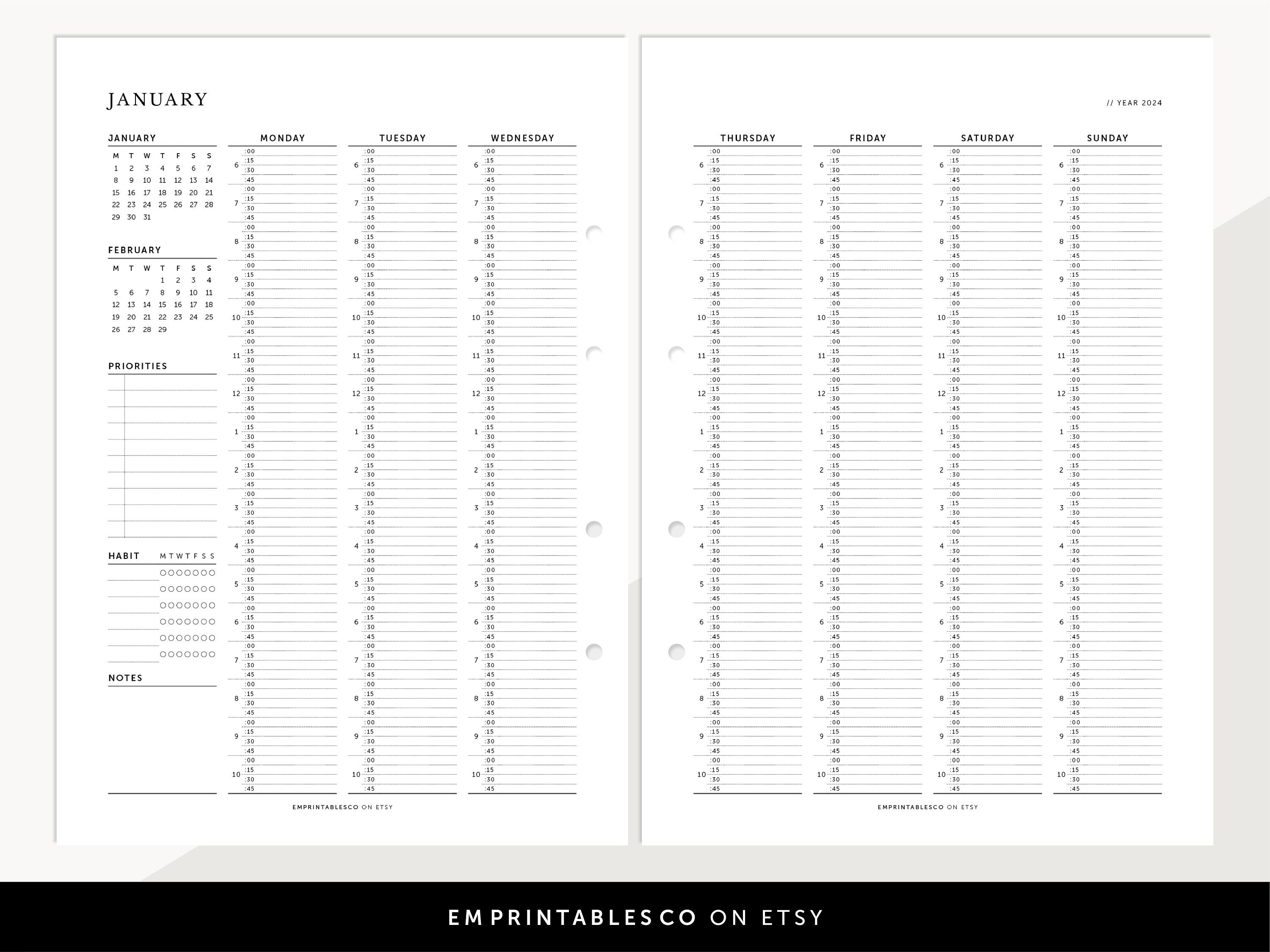 2024 Hourly Weekly Schedule With 15 Minutes Interval on 2 Pages ...