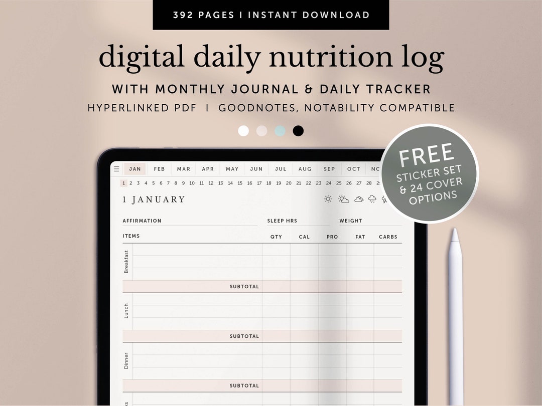 Digital Daily Nutrition Log With Monthly Journal, Daily Food Diary ...