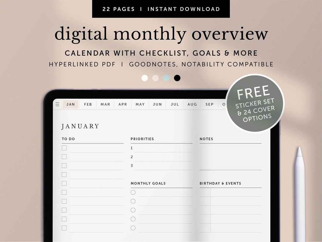 Digital Monthly Overview, Monthly Planner, Monthly Goals & to Do ...