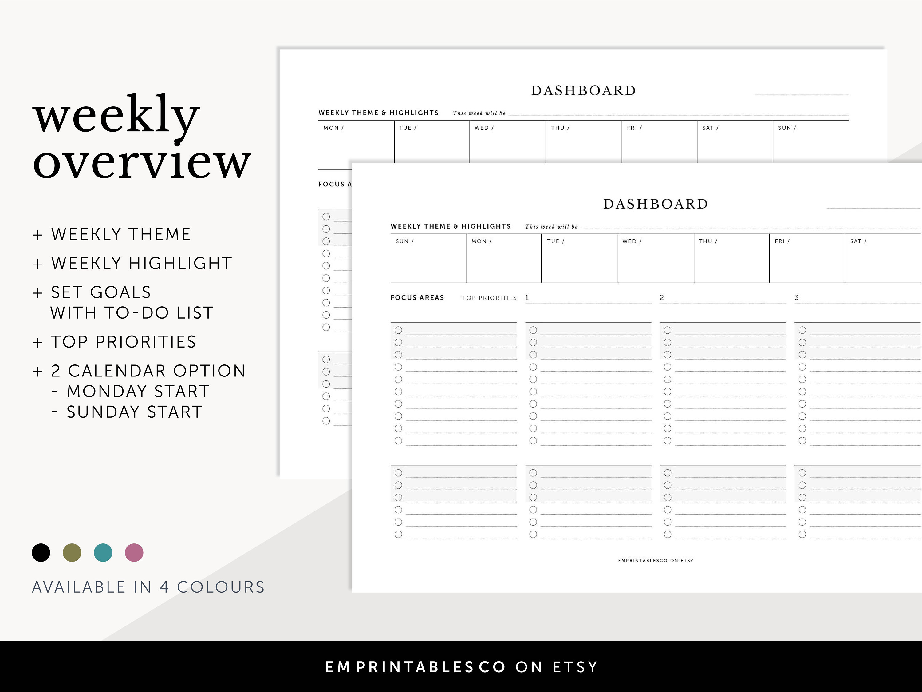 Project Overview, Weekly Dashboard, Project Planner, Weekly Agenda ...