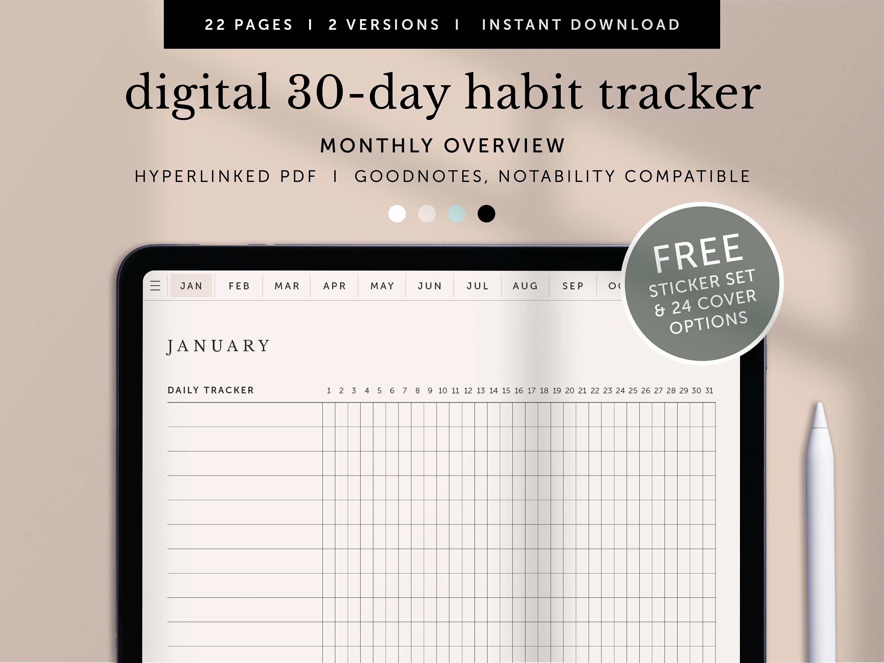 Digital 30-day Tracker, Monthly Tracker Overview, Goal Tracker, Daily ...