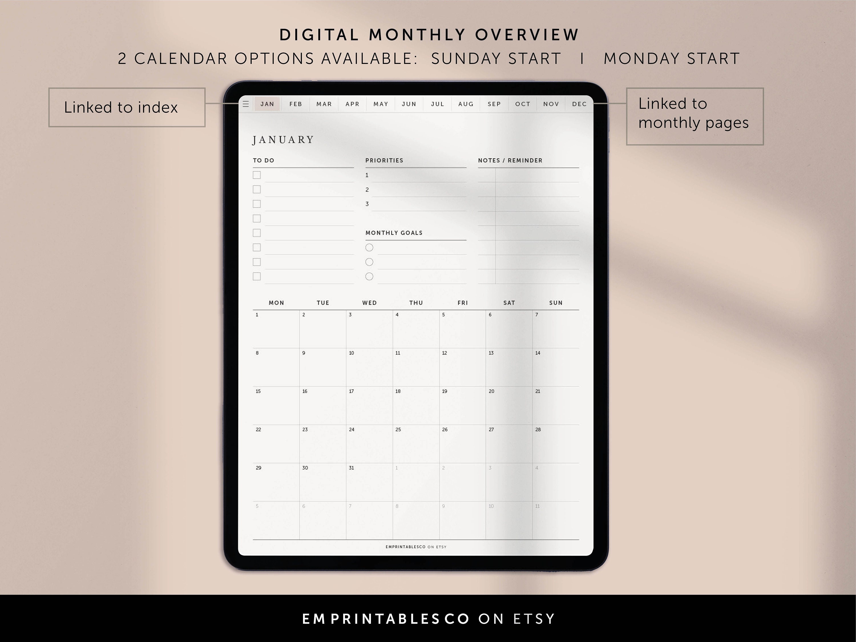 2024 Digital Monthly Planner, 2024 Monthly Overview, 2024 Monthly Goals ...
