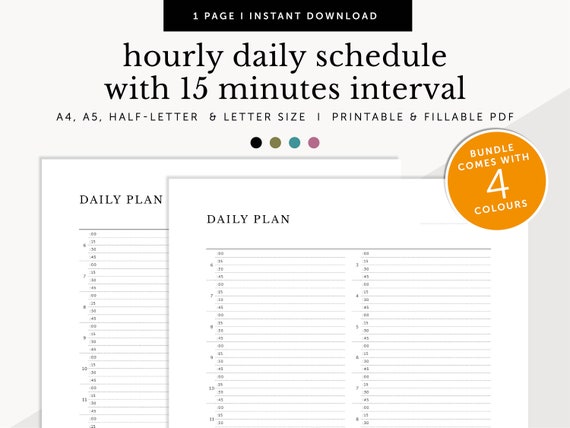Hourly Daily Schedule With 15 Minutes Interval Daily to Do - Etsy